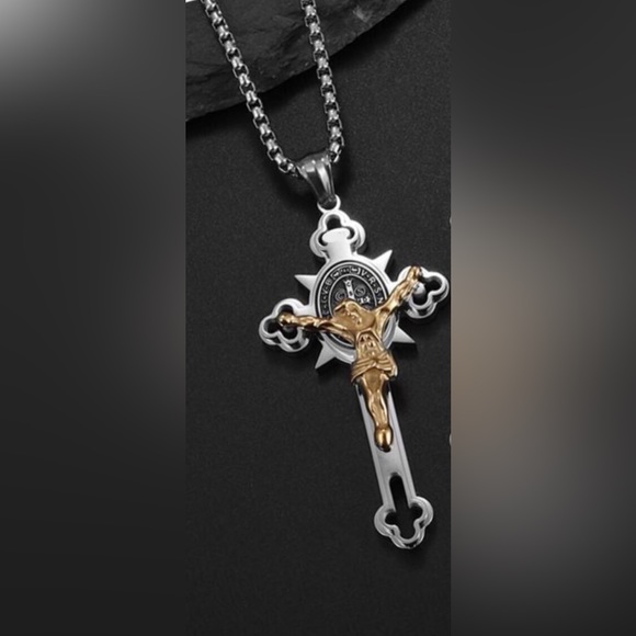 Accessories | Benedictine Crucifix St Benedict Gold Jesus Silver Steel ...